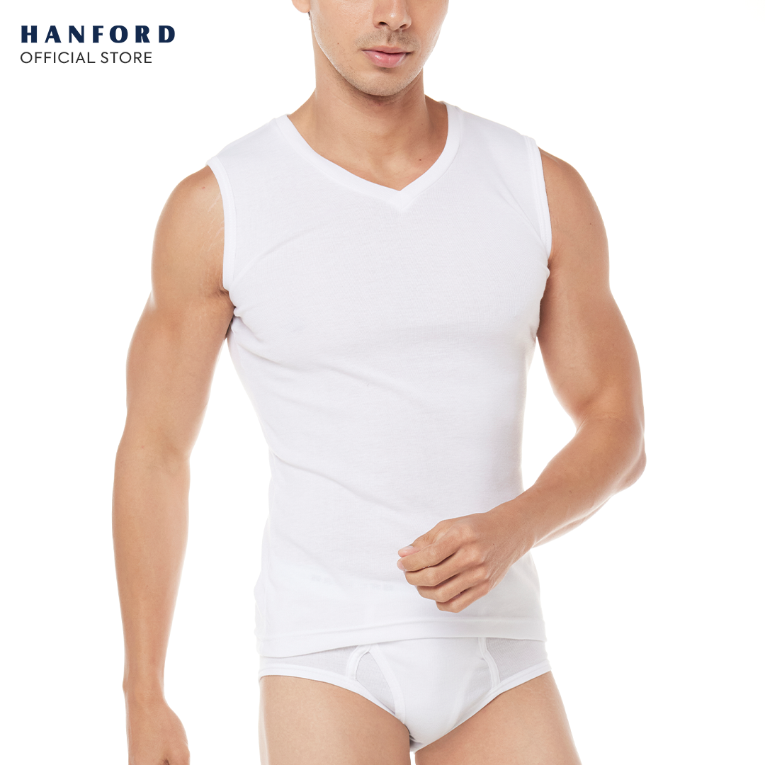 Hanford Men V-Neck Cotton Rib Body Hug Muscle Sleeveless Shirt - White ...